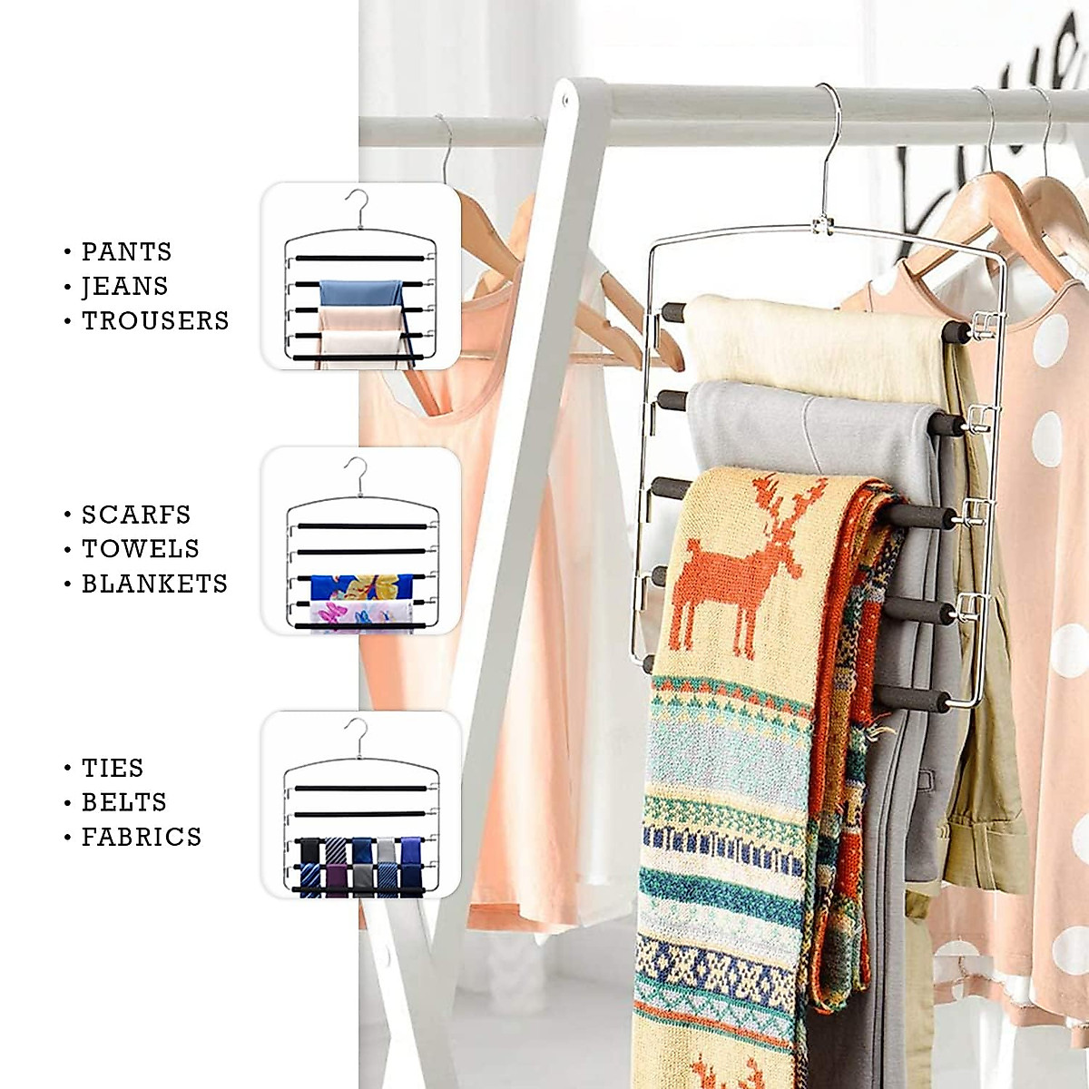 HOUSE DAY Magic Pants Hangers Space Saving, 2 Pack Metal Closet Organizer, Multiple Hangers with Padded Swing Arm, 5 Tier Non Slip Pant Hanger for Pants, Jeans, Leggings, Slacks (Black)