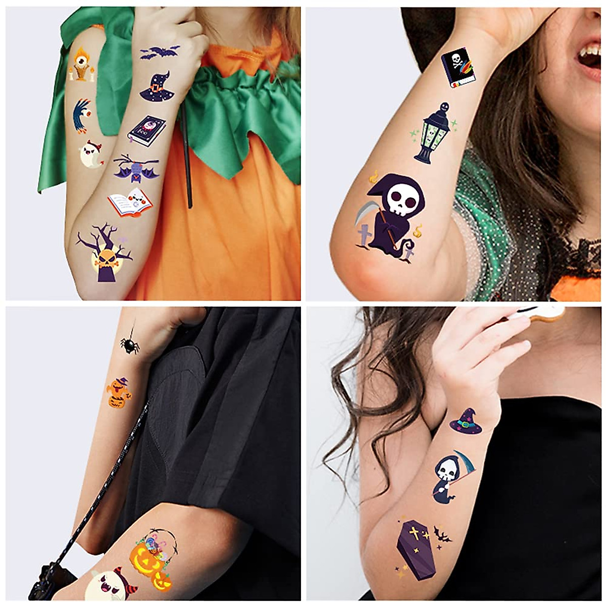 Halloween Temporary Tattoos for Kids, 360PCS Halloween Face Tattoos, Waterproof Cute Cartoon Fake Body Stickers Decorations, Halloween Face Makeup Party Favors Supplies Decor Pumpkin Witch Skull Adult