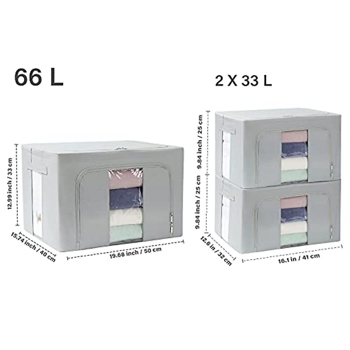 XULAN 66L Oxford Clothes Storage Bins, 2 Pack Large Metal Frame Storage Bins Stackable with Clear Window | Carry Handles for Seasonal Clothing, Bedding, Toys (Grey)