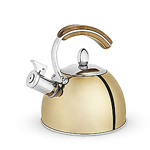Pinky Up Presley Tea Kettle, Stovetop Stainless Steel Kettle, Whistling, Tea Accessorie gifts, Fast Boil Water Kettle, Wooden Handle, 70 oz, Gold