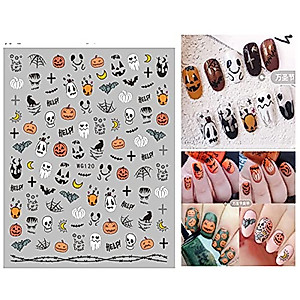 12 Sheets Halloween Nail Art Stickers Decals Self-Adhesive Pegatinas Uñas Cute Ghost Hat Castle Cat Skull Bat Nail Supplies Nail Art Design Decoration Accessories