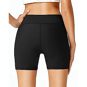 Yonique Women High Waisted Swim Shorts with Pockets Tummy Control Bathing Suit Bottoms Board Shorts Black S