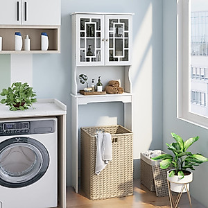 Tangkula Over The Toilet Storage Cabinet, Freestanding Over Toilet Storage Rack w/ 2 Tempered Glass Doors, Open Shelf, 3-Position Adjustable Shelf, Space-Saving Bathroom Organizer (White)