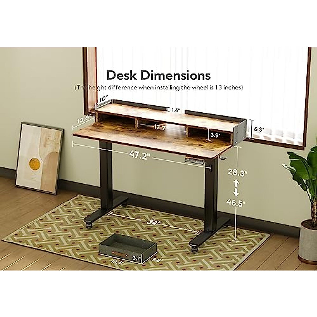 Claiks Standing Desk with Drawers, Stand Up Electric Standing Desk Adjustable Height, Sit Stand Desk with Storage Shelf and Splice Board, 48 Inch, Rustic Brown