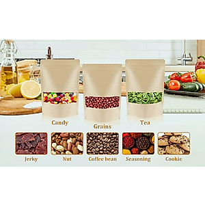 50 Pcs Stand Up Kraft Paper Bags with Window, Resealable Zip Lock Food Storage pouch,dog treat bags,Bakery Bags coffee bags candy bags sealable small business 5.5 x7.9 Inch, (Medium 5.5 * 7.9 Inch)