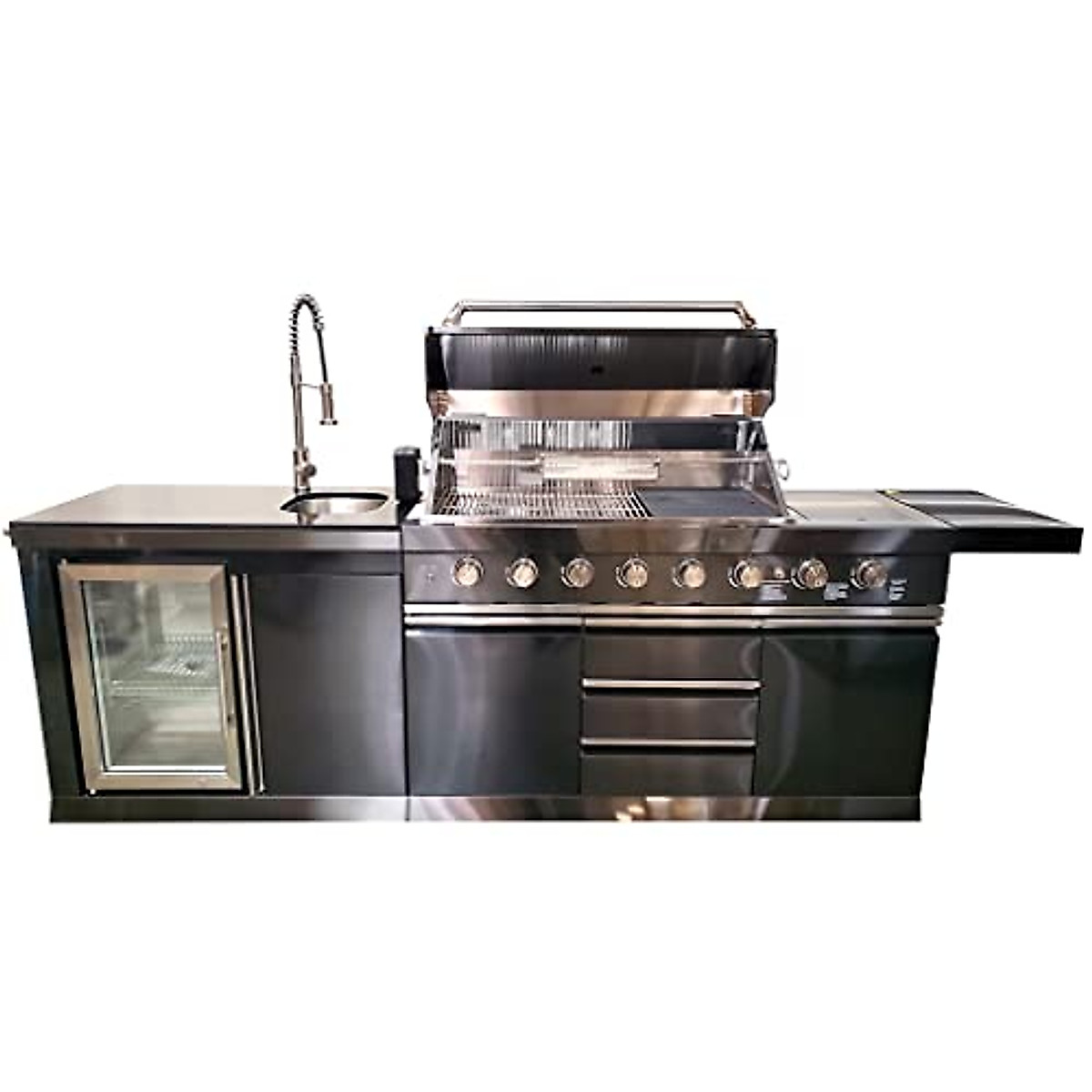MCP Island Grills Black Stainless Steel 6 Burner 2 Modular Piece Marble Top BBQ Outdoor Electric Propane Grill Kitchen with Refrigerator, Sink, Side Burner, LED Lights on Knobs, & Protective Cover