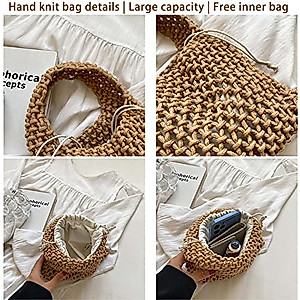Hand-woven Soft Tote Crochet bag Cotton Rope with Leather Base Net Bag Boho Purse Wovens Bag