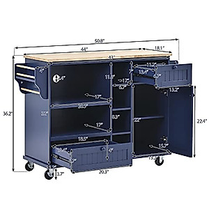 Olela Kitchen Island Cart with Storage, Mobile Rolling Kitchen Table Microwave Rack Cart on Wheels with Open Shelves, Drawers and Cabinet, 18.1 "D X 50.8 "W X 36.2 "H(Open Shelf-Blue)