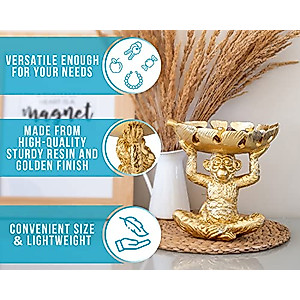 Adorable “Monkey” Candy Tray Made of Resin – Monkey Sculpture w/Split Leaf Dish for Snacks, Nuts, Candies & More – Decorative Holder w/Golden Finish for Keys or Jewelry – Ornament for Modern Decor