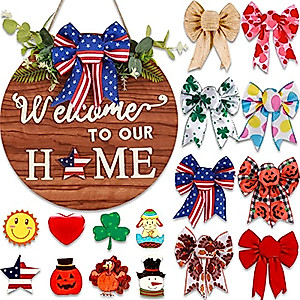 Interchangeable Welcome Home Sign Front Door Wreath Outdoor Decorations,Farmhouse Rustic Wall Hanging Seasons Wreaths Decor for Spring Summer Fall Winter Holiday 4th of July Halloween Christmas