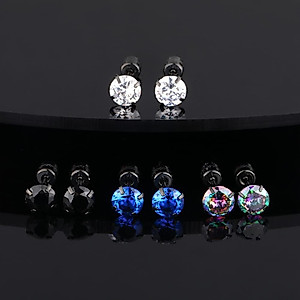 Hopply 4 Pairs Titanium Screw Back Surgical Stainless Steel Earrings for Women Men,Rainbow 5A Cubic Zirconia Studs Double Side Earrings Piercing Sleeper Jewelry 6mm (A-Black Colorful CZ)