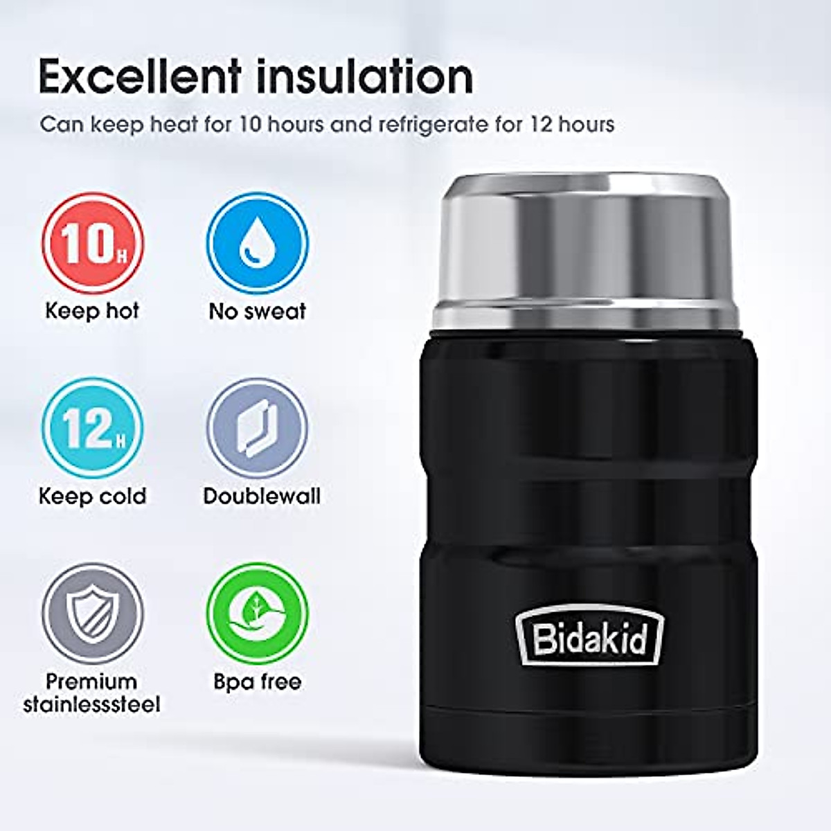 Thermoses for Hot Food, (Bidakid) 2 Pack insulated food jar for hot, soup thermoses, Lunch box containers for hot cold food with Lid and Folding Spoon for Kids and Adults (25.4oz+17oz)