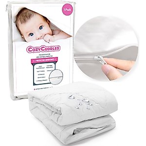 COZYCUDDLES Premium Zippered Quilted Waterproof Crib Protector Cover - All 6-Sides Waterproof Fully Encasement - Standard Baby Crib Toddler Bedding (52" x 28"), White, ‎CC-01