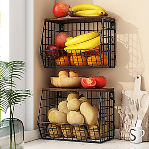Mefirt 2pcs Fruit Basket Onion Storage Wire Baskets with Wood Lid, Stackable Wall-mounted & Countertop Tiered Kitchen Counter Organizer for Snack, Fruit and Vegetable Storage, 11.8 * 7.9 * 8.5 Inches