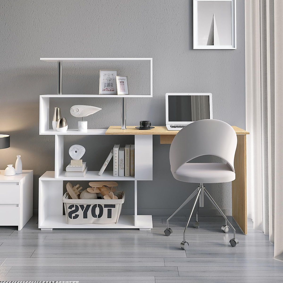 Mondeer 41.7" L Shaped Desk with 4-Tier Storage Shelves, Computer Corner Desk for Study Home Office Living Room (Oak and White)