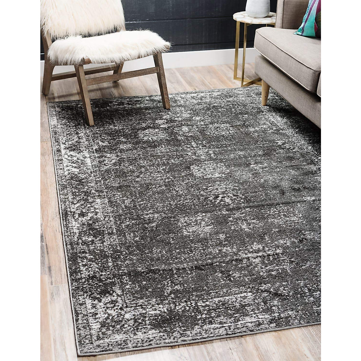 Unique Loom Sofia Collection Area Rug - Casino (6' 1" x 9' Rectangle, Dark Gray/ Ivory)