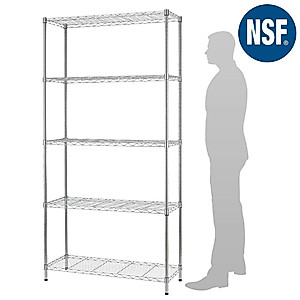 5 Tier Wire Shelving Unit 72"x36"x14" Storage Metal Shelf Sturdy Steel Heavy Duty Layer Rack Organization for Restaurant Garage Pantry Kitchen Space-Saving Overall Garage Rack Chrome