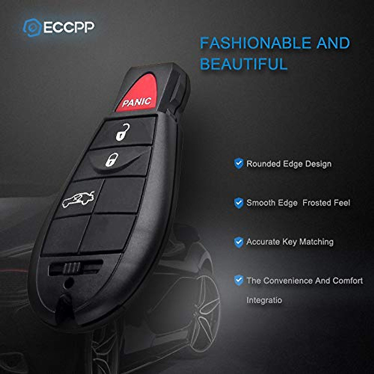 ECCPP Uncut Ignition Key Fob 4 Buttons 433MHz Key Remote fit for Antitheft Keyless Entry Systems 2012 for Dodge Key Remote M3N5WY783X (Pack of 1)