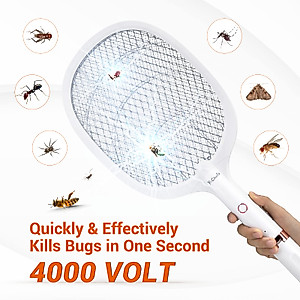 YsChois Electric Fly Swatter Racket, Rechargeable Fly Zapper - 4000 Volt, Exclusive 2-in-1 Bug Zapper Racket - USB Charging, 1800mAh Li-Battery, Indoor & Outdoor Use, White