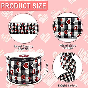LANGFON Valentine's Day Fabric Ribbons 10 Yards, Valentine Heart Black White Buffalo Plaid Edge Wired Ribbon Gift Wrapping Wedding Party Decoration Tree Craft Supplies - 2.5 Inch x 10 Yards x 1 Roll