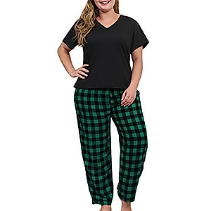 KAMONG Women Plus Size Pajamas Set Plaid Lounge Pants V-Neck Long/Short Sleeve Cotton T Shirt 2 Piece Sleepwear Green