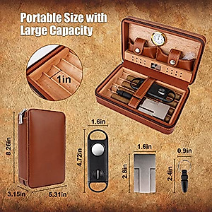 Premium Leather Cigar Humidor Set, Insides Magnetic Hygrometer &amp;Cedar Wood, Cigar Humidifier, V Cutter, Cigar Stand and Punch, Holds 4 Cigars, Portable Travel Cigar Case for Festival Gift, Birthday