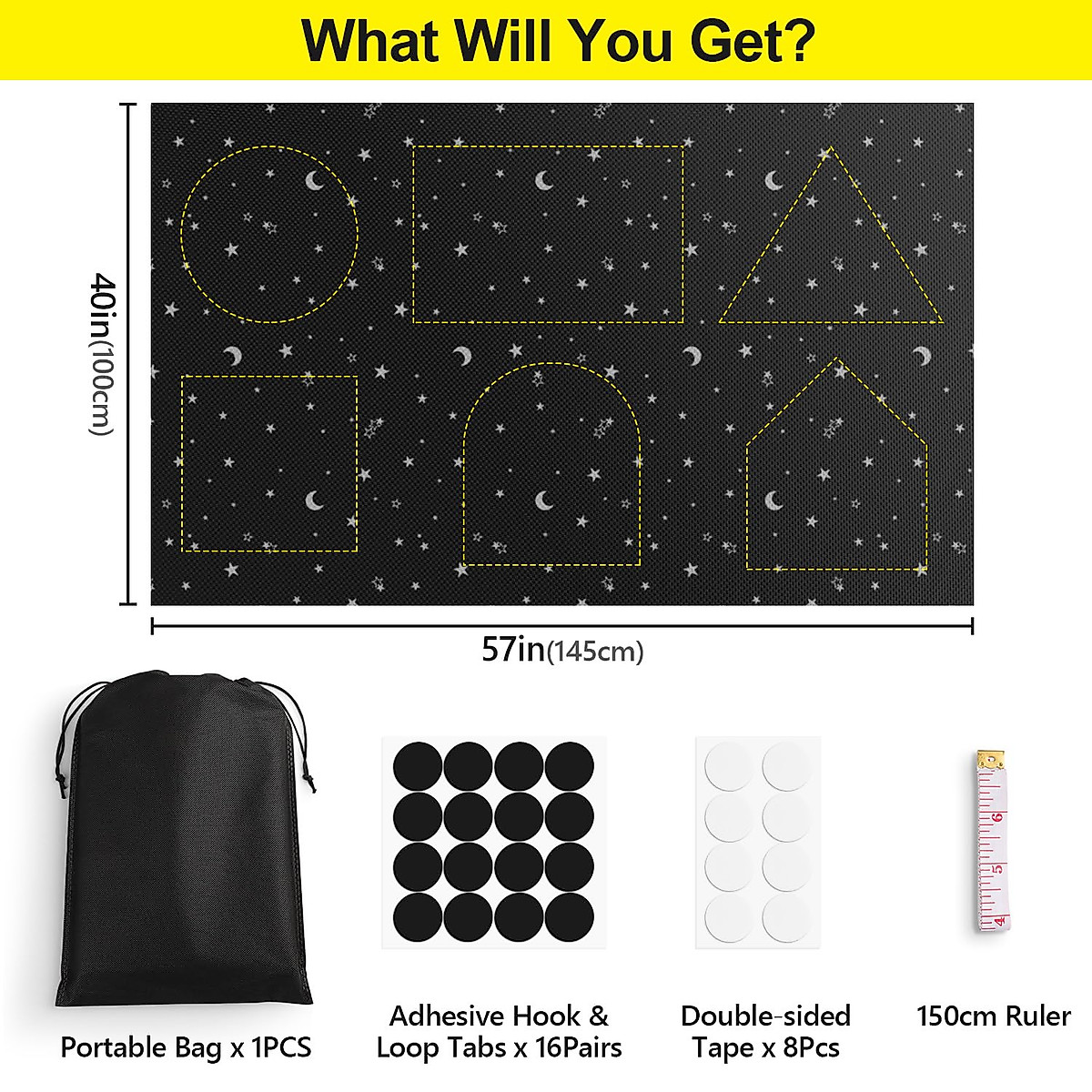 FADOTY 100% Blackout Window Cover 40" x 57" Travel Blackout Curtains for Bedroom Dorm Room Windows Temporary Blackout Blinds Shades for Night Shift Worker Traveler Black & Star