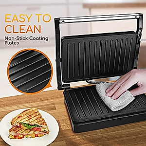 Panini Press Grill, Aigostar 1000W Sandwich Maker with Non-Stick Double Flat Cooking Plate, Indicator Light, Locking Lid, Cool Touch Handle, Panini Maker Electric Indoor Grill Easy to Storage & Clean