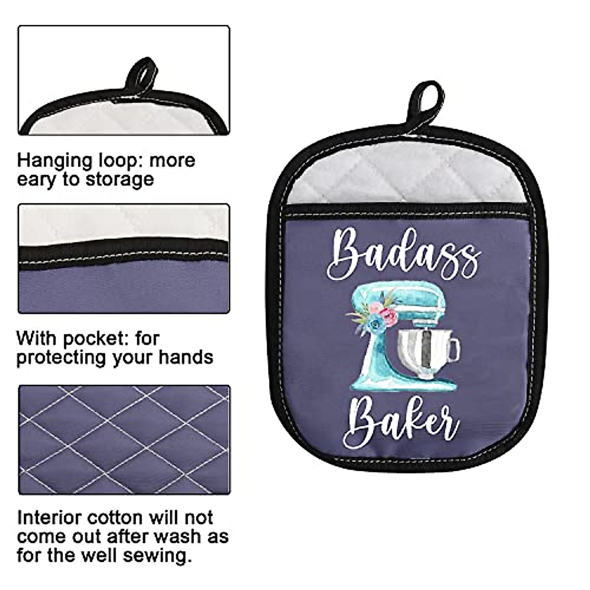 Funny Baker Gift Badass Baker Oven Pads Pot Holder with Pocket for Bake Lover (Badass Baker)