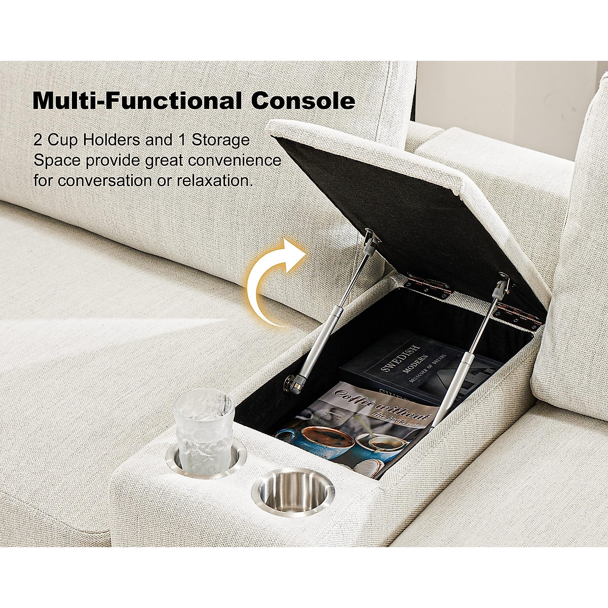 Luxury Sectional Sofa with Console, 2 Cup Holders, Upholstered Modern Linen Fabric 6-Seat Couch with Sloped Armrests & Detachable Cover, Modular Sofas Couches for Living Room, Apartment, Office, Ivory