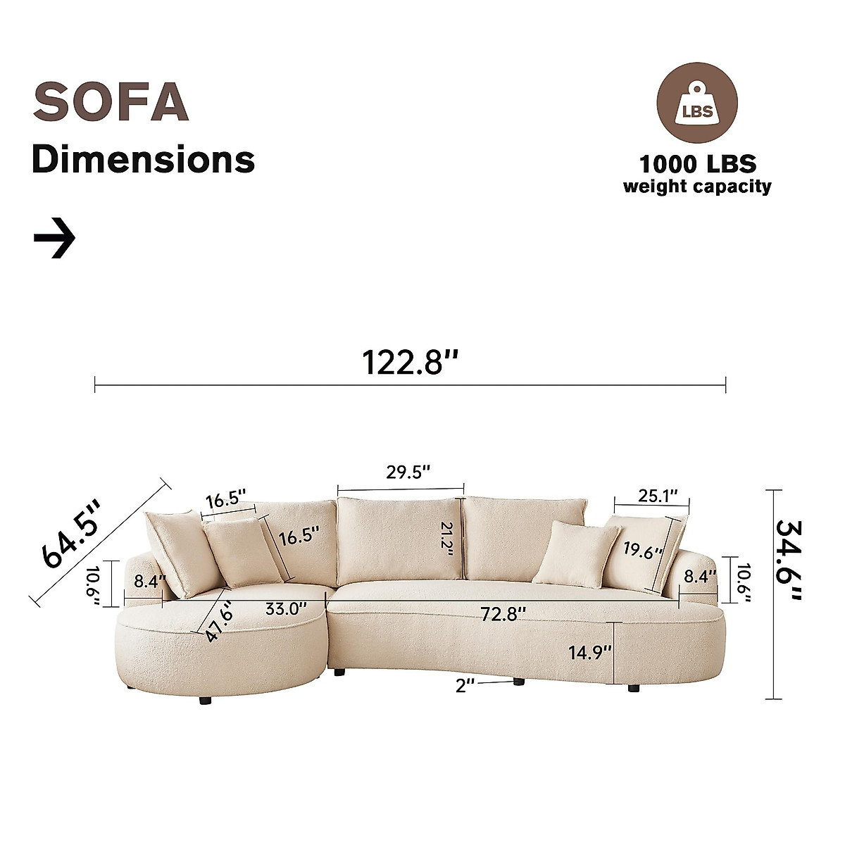 YOOBECH 122.8" Boucle Curved Sofa Modern Cloud Couch for Living Room Luxury 3-Seat Beige Sectional Sofa Couch for Home Apartment Office