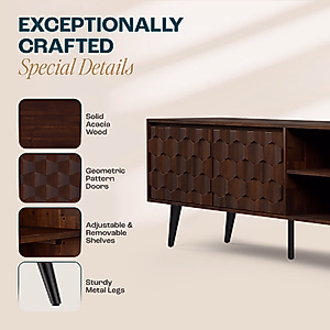 Bme Georgina 65 Inch Solid Wood TV Stand, Under 10 Minutes Assembly Entertainment Center with Storage, Geometric Pattern TV Console for Living Room, Bedroom, Dinning Room - Walnut