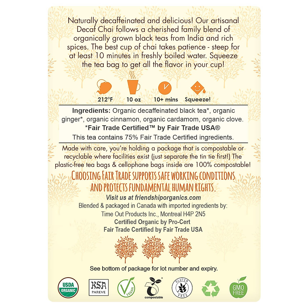 Friendship Organics Decaf Chai Tea Bags, Organic and Fair Trade 36 count