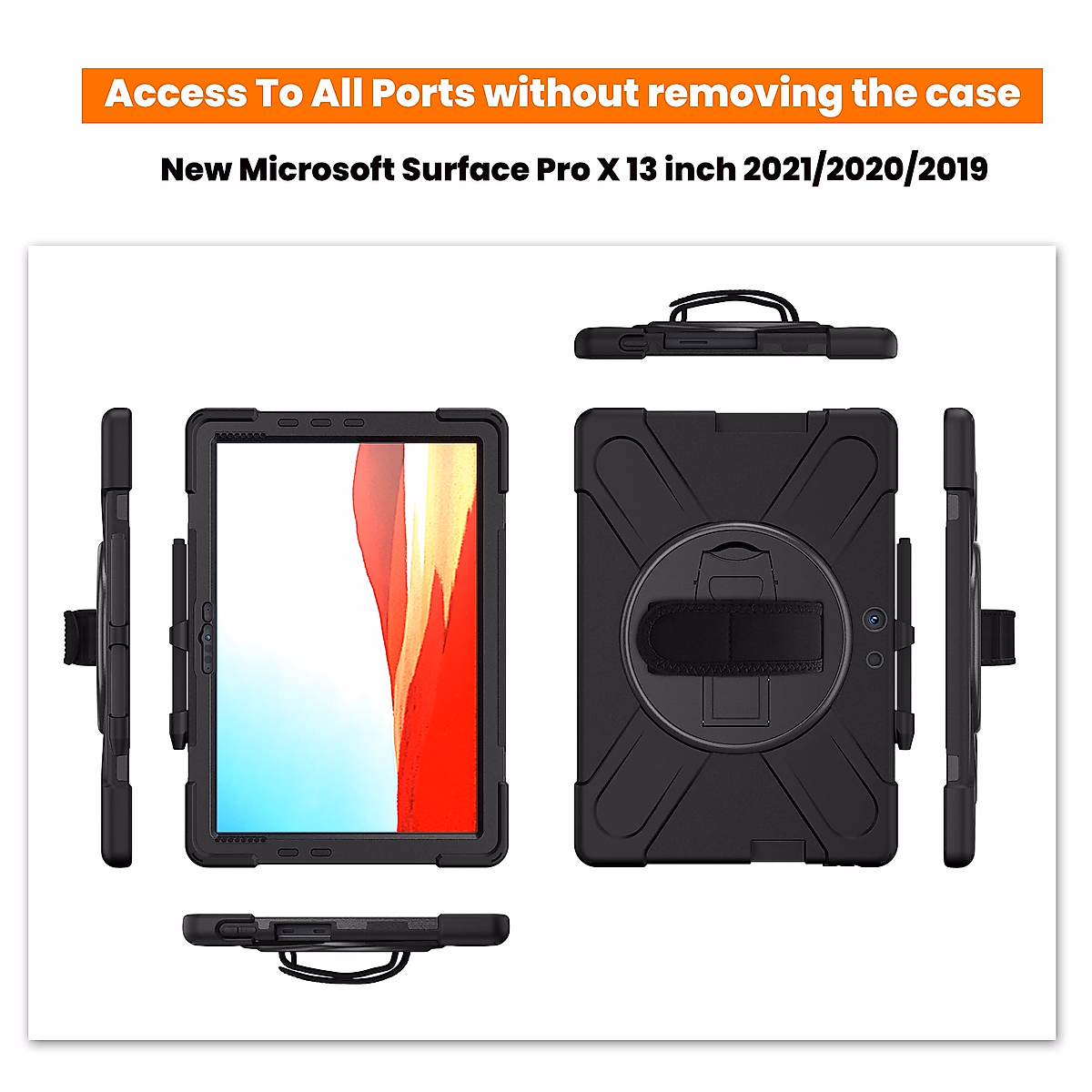 Surface Pro X Case - 360 Degree Rotating Stand Hand Strap Shoulder Strap Pen Holder Heavy Duty Full Body Shockproof Impact Resistant Rugged Drop Protective Case for Surface Pro X 13 2021/2020/2019