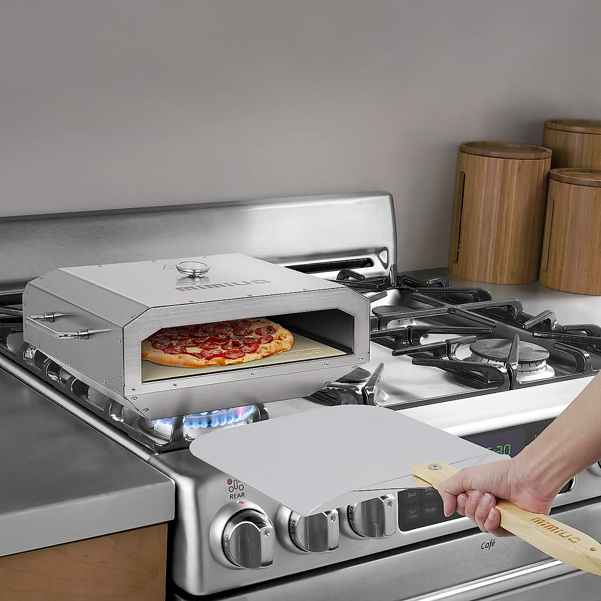 Mimiuo Pizza Oven Kit for Double Burner Stove and Indoor Gas Range, Camping Stove Burner Top Pizza Box with Pizza Stone and Pizza Peel - Stainless Steel Gas Grill Pizza Oven for Propane Stove