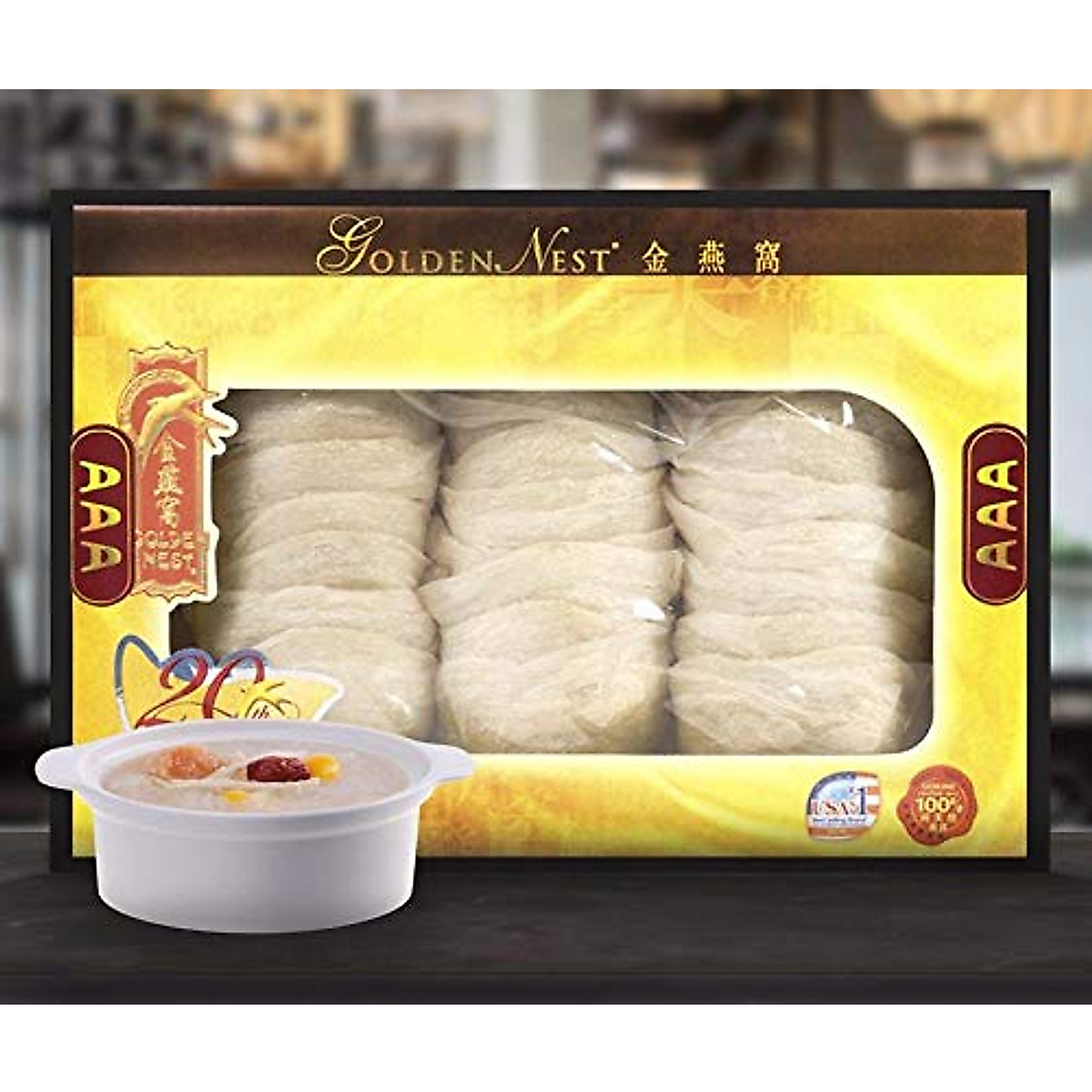 Golden Nest Premium White Bird Nest AAA, 100% Natural - Made in USA, ( 燕窩 ) - Family Size Box - 227g (8oz)