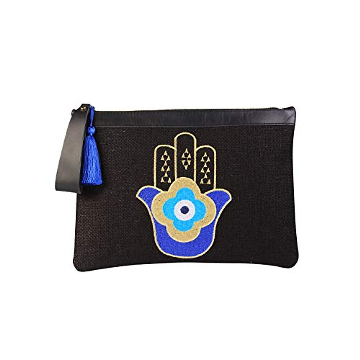 KarensLine Handmade Evil Eye Embroidery Black Jute Clutch Bag Hamsa Hand Beach Summer Style, Medium