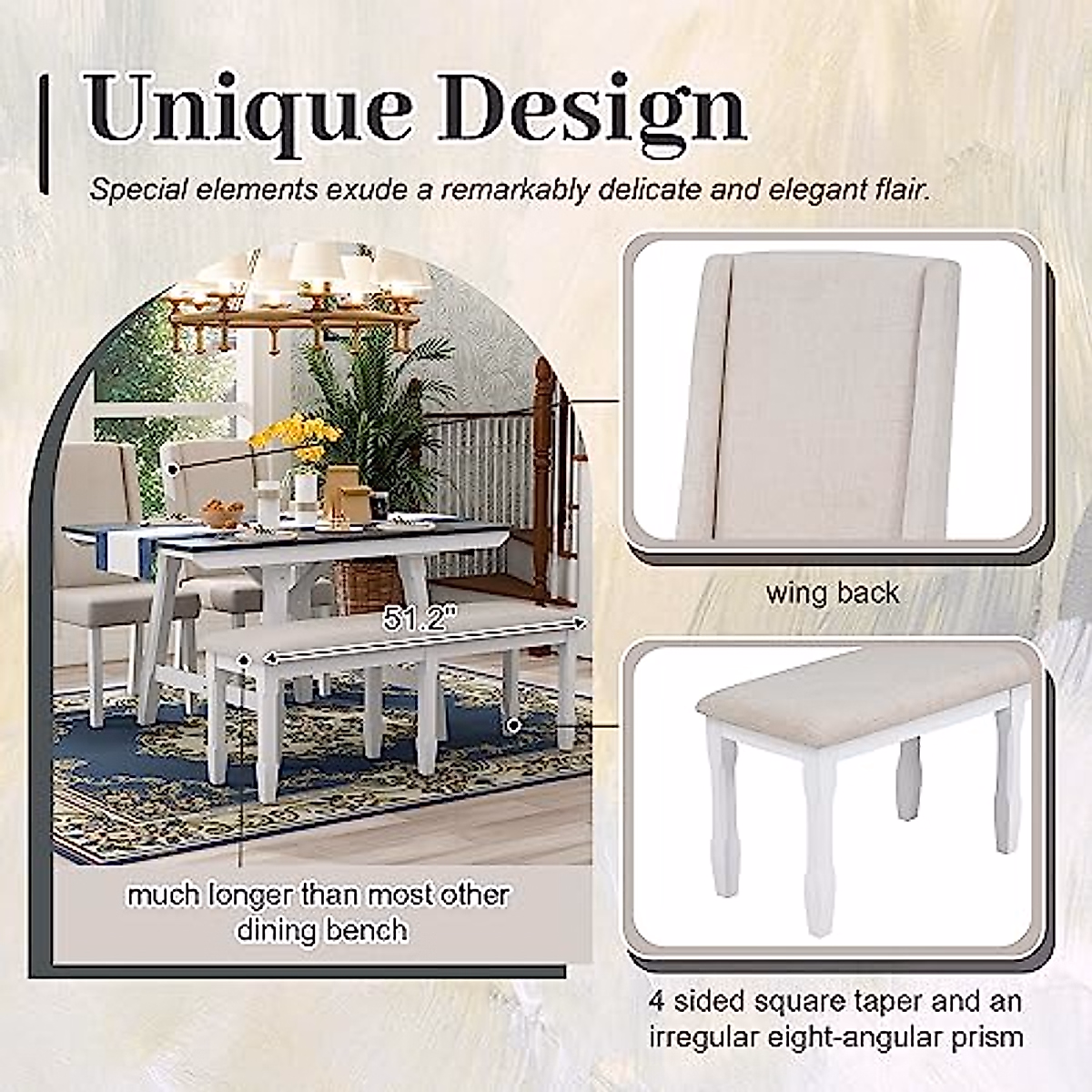 HAUSHECK Classic 4-6, Modern Home Furniture Small Space with Rectangular Extendable Table w/Two 12" W Removable Leaves, Upholstered Bench & Chairs w/Wing Back, Kitchen & Dining Room Sets for 6, White