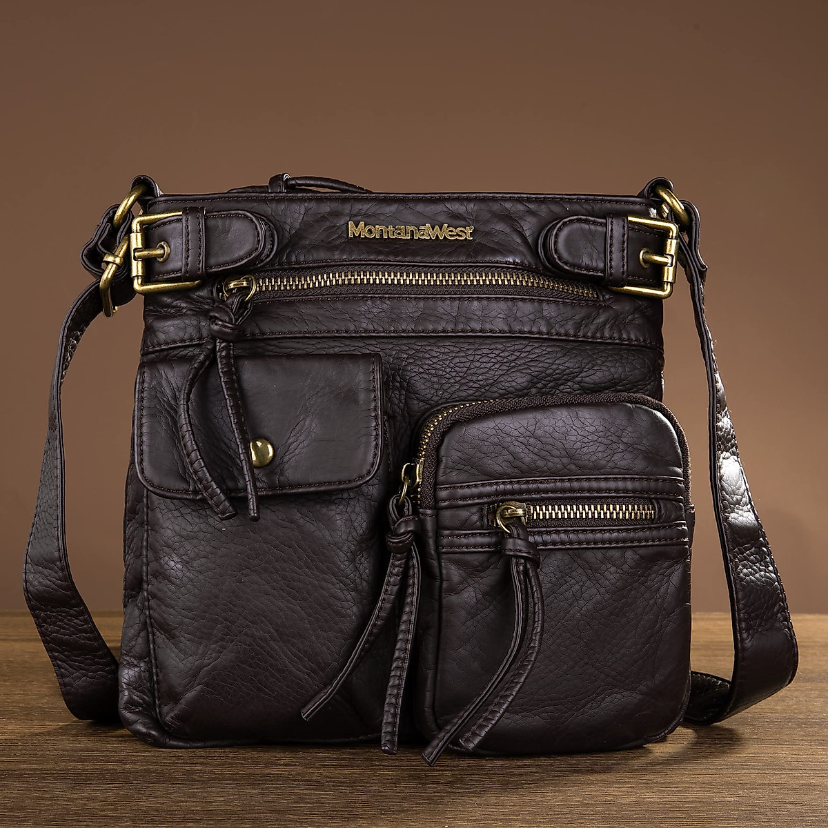 Montana West Crossbody Bag for Women Soft Leather Multi Pocket Shoulder Bags Vintage Women's Purses and Handbags Coffee Gift MWC-046CF