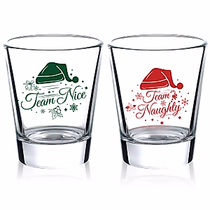 2 Pcs Shot Glasses Christmas Team Naughty and Team Nice Novelty Glass 2 oz Xmas Liquor Glass Green Red Christmas Hat Funny Heavy Glass for Holiday Celebrating Wedding Party Game Gift Supplies
