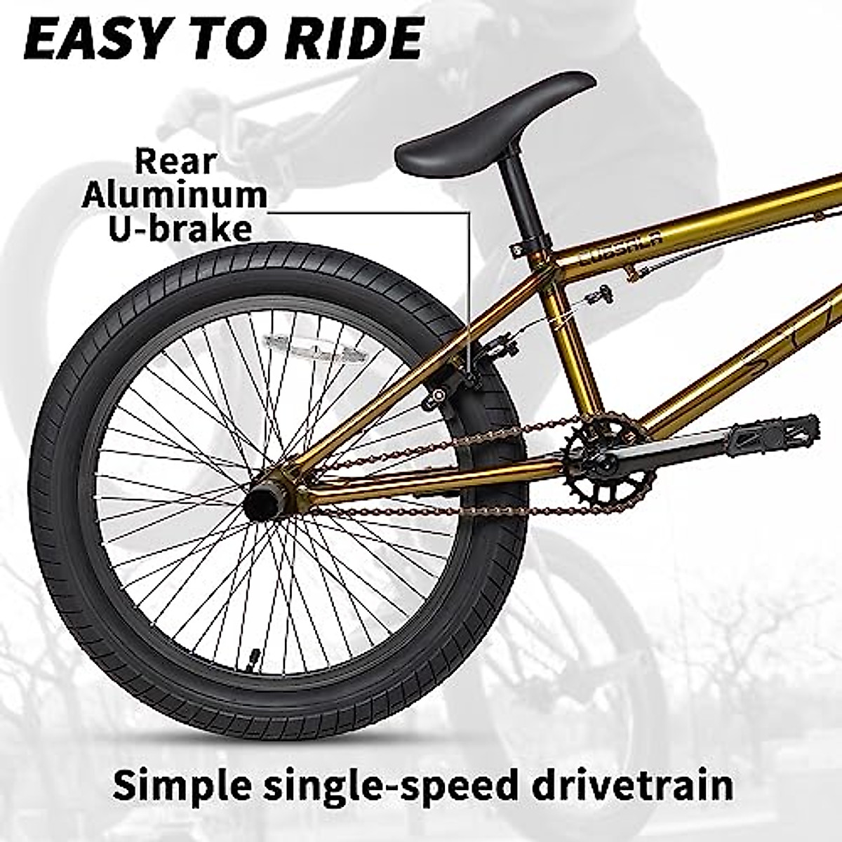 cubsala 20 Inch BMX Bike Freestyle Bicycles for 6 7 8 9 10 11 12 13 14 Years Old Boys and Beginner Riders, Gold with Black Tires