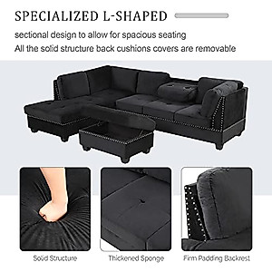 ERYE L-Shaped Corner Sectional Couch with Reversible Lounge Chaise and Drop-Down Cupholders,Modern Living Room Nailhead Decor 6 Seaters Sofa&Couch W/Storage Ottoman for Home Office Apartment