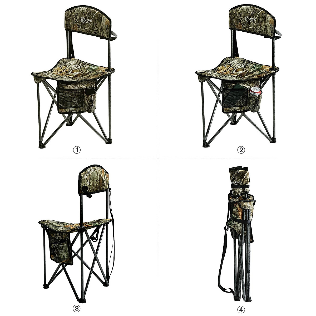 PORTAL Extra Large Quick Folding Tripod Stool with Backrest Fishing Camping Chair with Carry Strap (Camo)