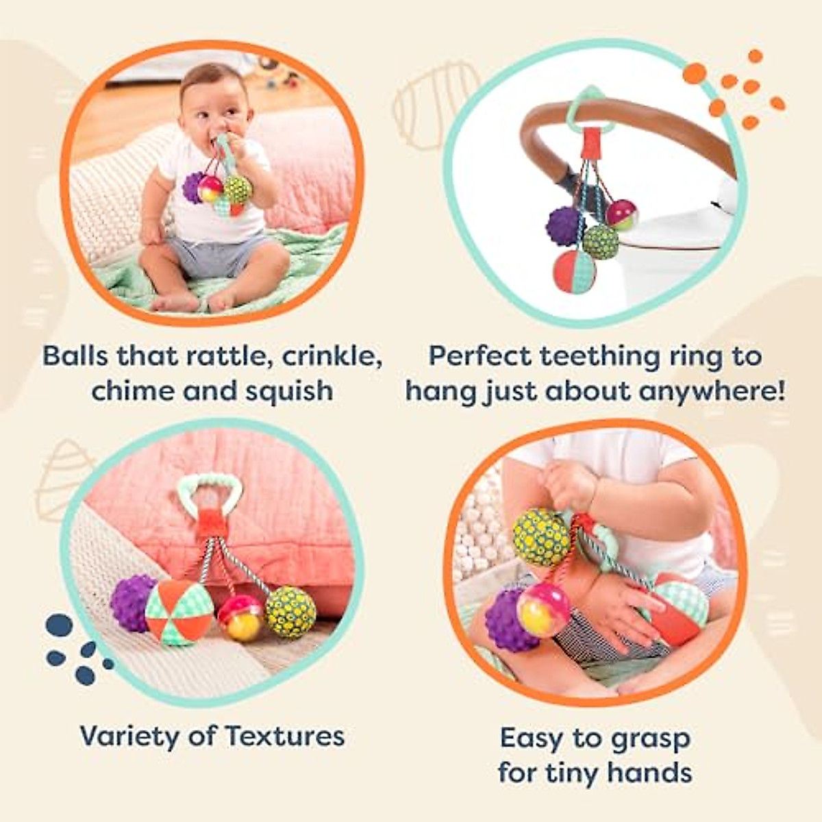 B. toys – B. baby- Rattle Ball – 4 Balls & Teething Clip -Sensory Toy with Colors Textures & Sounds – Sounds So Squeezy – 3 Months +