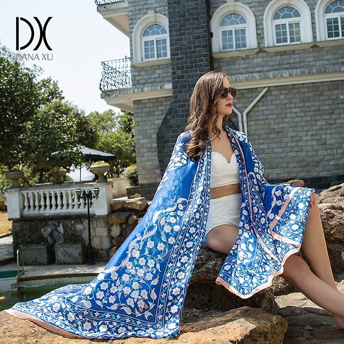 DANA XU 100% Mulberry Satin Silk Summer Travel Scarf Extra Large Women Floral Shawl Oversize Soft Wraps For Evening Dresses