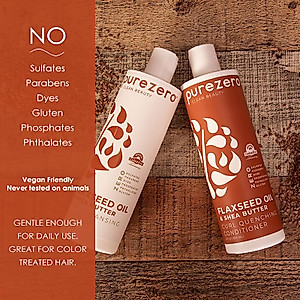 Purezero Flaxseed Oil & Shea Butter Shampoo and Conditioner Set - Curl Care - For Curly Hair Detangle & Defrizz - Zero Sulfates/Parabens/Dyes -100% Vegan & Cruelty Free - Great For Color Treated Hair