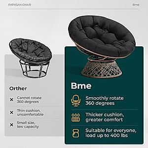 Bme 40" Ergonomic Wicker Papasan Chair with Soft Thick Density Fabric Cushion, High Capacity Steel Frame, 360 Degree Swivel for Living, Bedroom, Reading Room, Lounge, Onyx Stone - Brown Base