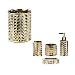 BASDHE Bathroom Accessories Set-5 Piece Ceramic Gift Set Toothbrush Holder,Toothbrush Cup,Soap Dispenser,Soap Dish,Trash Can, Set Bathroom (Yellow)
