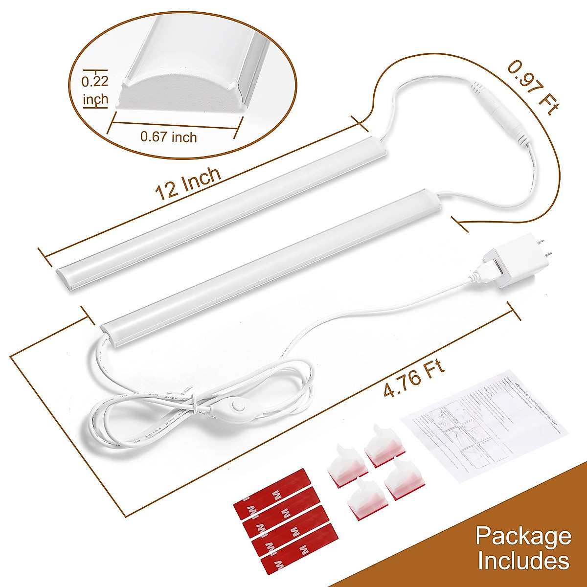 Plug-in Under Cabinet Lighting, 2pcs 12 Inch Dimmable Closet Light, Cold White 6000K Linkable USB LED Light Bar, Memory Function, Under Counter Lights for Kitchen, Desk, Workspace