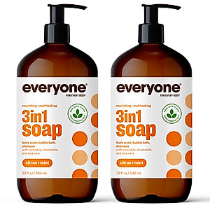 Everyone 3-in-1 Soap, Body Wash, Bubble Bath, Shampoo, 32 Ounce (Pack of 2), Citrus and Mint, Coconut Cleanser with Plant Extracts and Pure Essential Oils